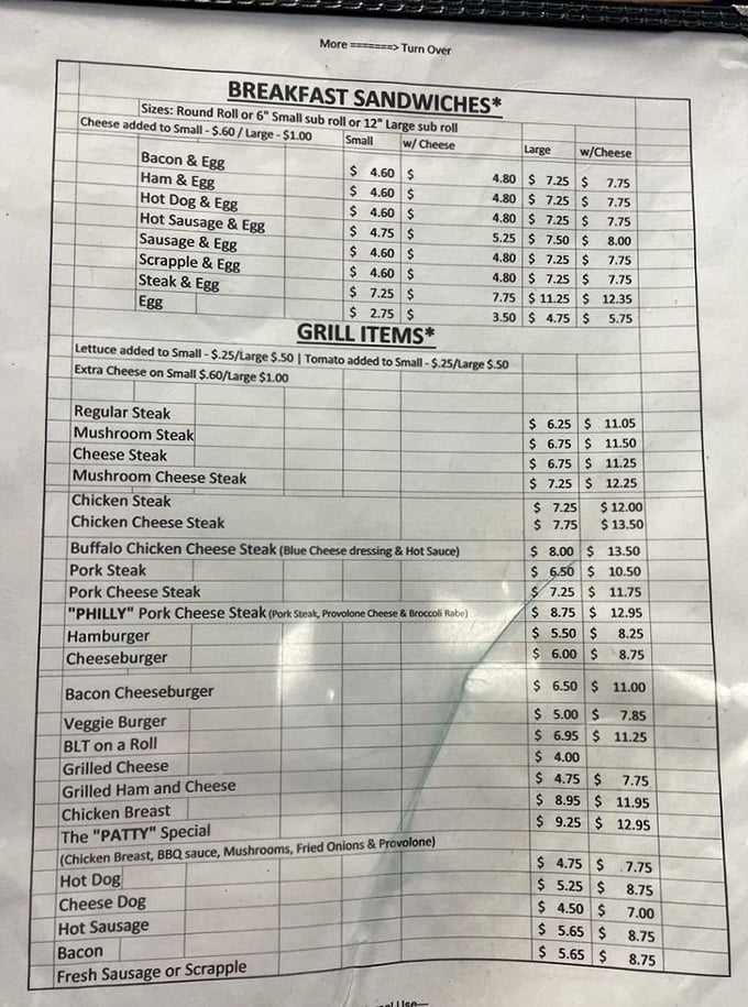 This menu isn't just a list – it's a roadmap to happiness. From breakfast sandwiches to legendary cheesesteaks, life's important decisions are made right here.