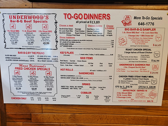 The menu board tells a delicious story – chicken, barbecue, and cobbler are the main characters, and they all live happily ever after in your stomach.