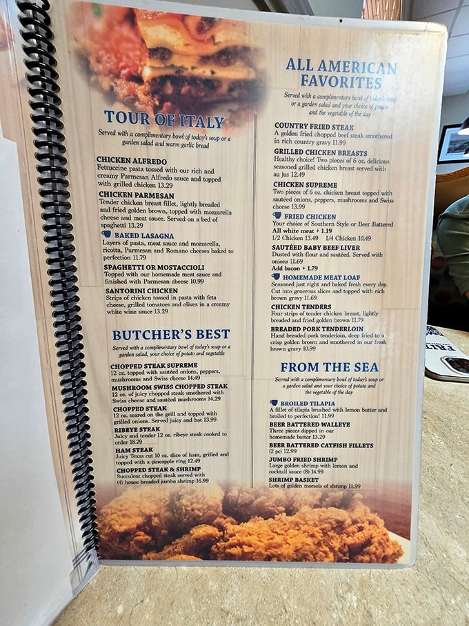 This spiral-bound menu is basically the Great American Novel, but with better descriptions. From "Tour of Italy" to "Butcher's Best," every page promises a delicious plot twist.
