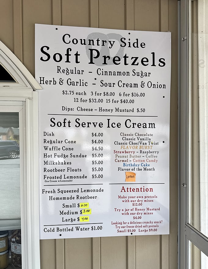 The menu board reveals the holy grail of pretzel options. Like a treasure map where X marks the spot—and X is made of delicious dough.