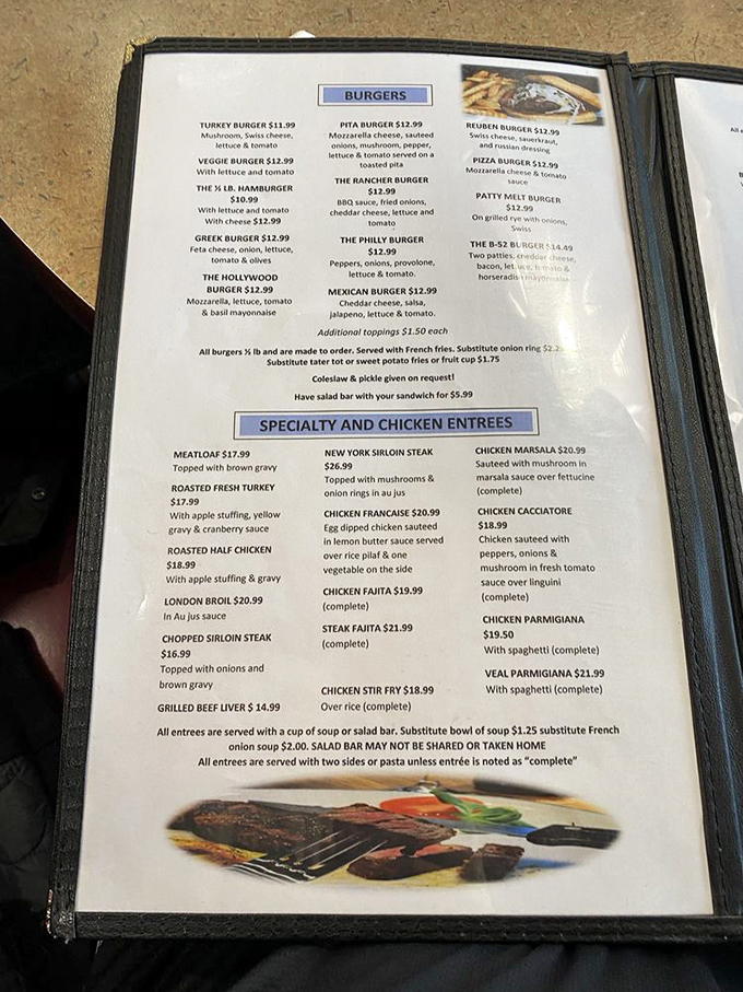 A menu that doesn't know the meaning of "small portions." Each page offers a United Nations of comfort food options, from Greek specialties to all-American classics.