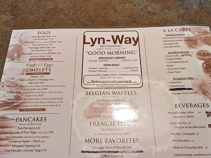 This menu isn't just a list of food – it's a roadmap to happiness. "Good Morning" indeed, especially when Belgian waffles are involved.