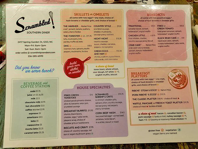 This menu isn't just a list of dishes—it's a roadmap to breakfast nirvana with skillets, benedicts, and Southern specialties calling your name.