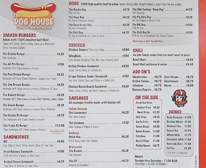 A menu that cuts right to the chase—no foams, no reductions, just honest food with playful football-themed names. The "Olde Fashion Snap Dog" isn't trying to impress anyone, which is precisely why it does.