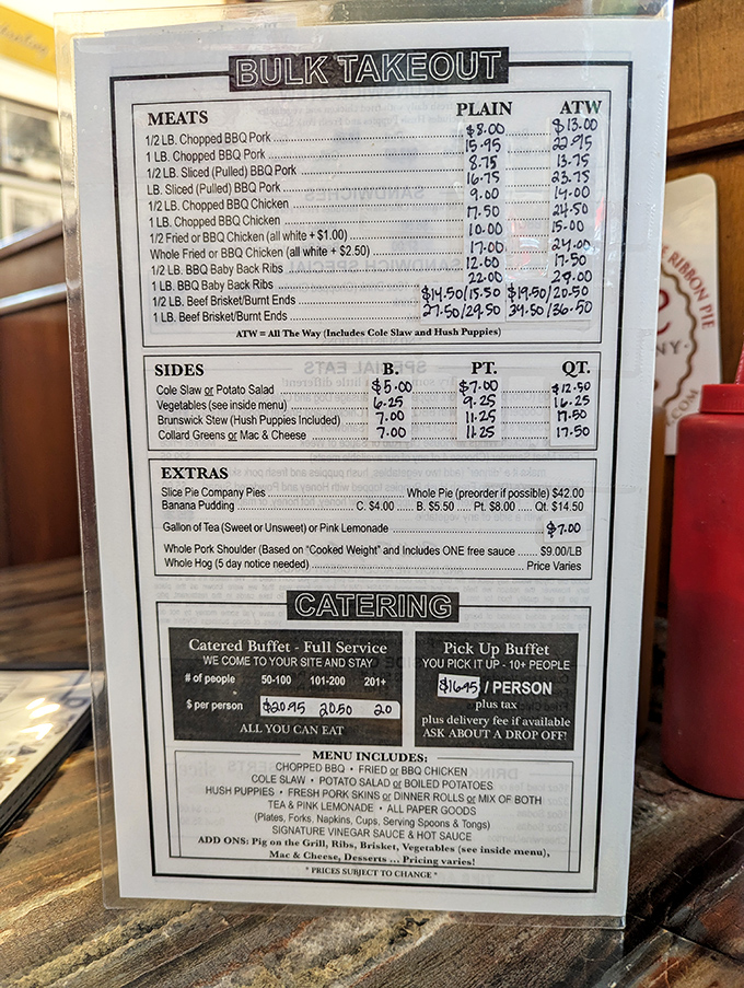 A menu board that doesn't need fancy fonts or photos—just the promise of Eastern Carolina barbecue excellence that's kept folks coming back since 1938.