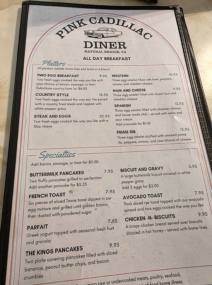 All-day breakfast? Yes, please! The menu reads like a love letter to American comfort food classics.