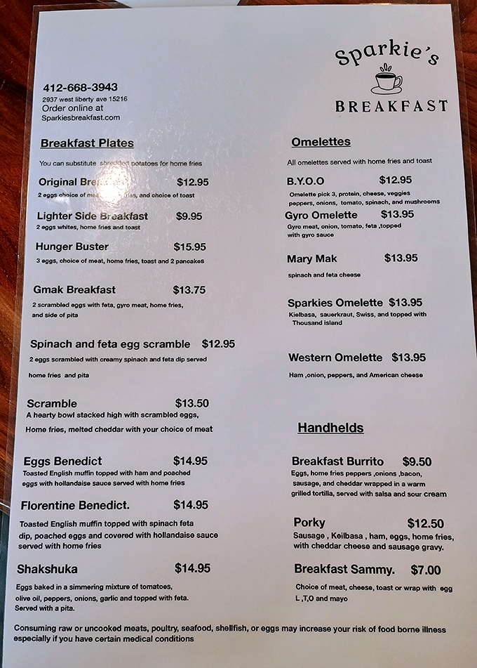 A menu that reads like a love letter to breakfast enthusiasts, with everything from classic eggs to shakshuka—proof that diners can surprise you.