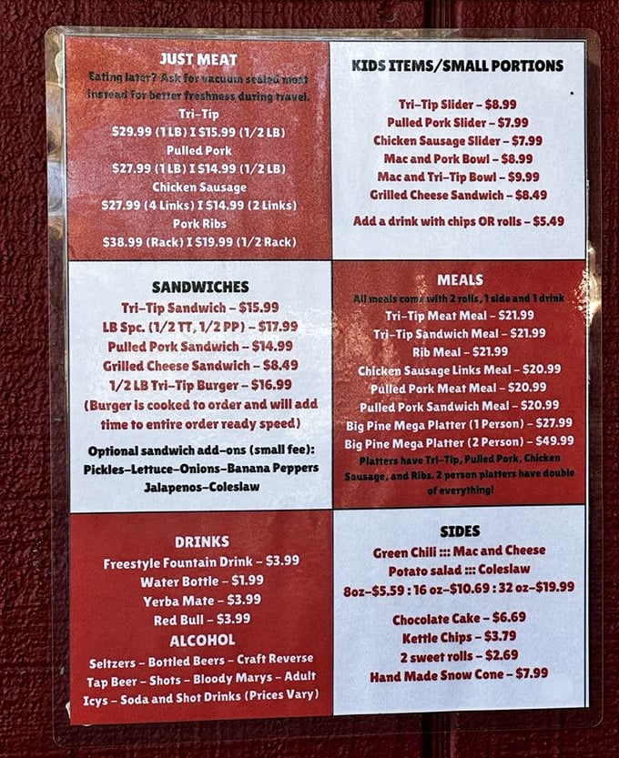 The menu board tells a mouthwatering story – tri-tip, pulled pork, and chicken sausage are the main characters in this culinary adventure.