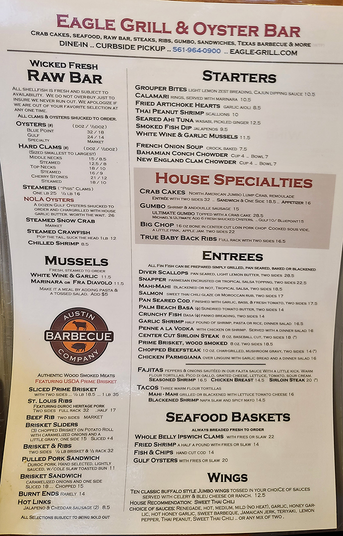 A menu that reads like a love letter to seafood enthusiasts. "Wicked Fresh" isn't just clever marketing—it's a solemn promise.