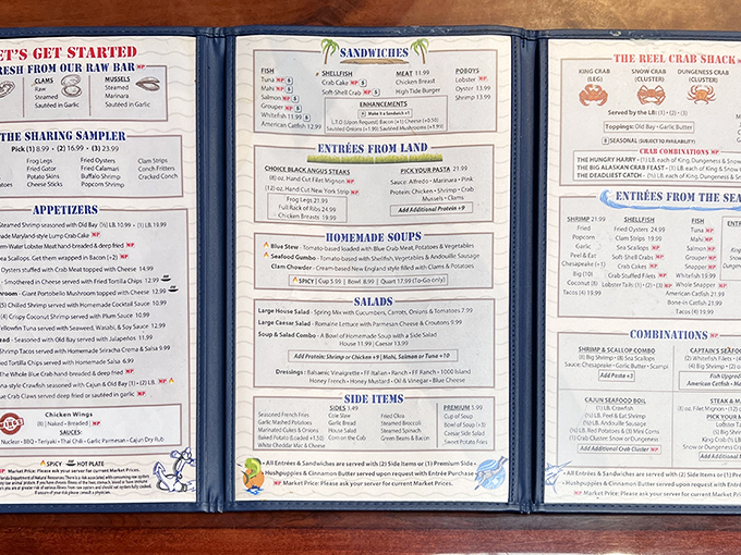 This menu isn't just a list of options—it's a maritime treasure map where X marks the spot for your next favorite dish.
