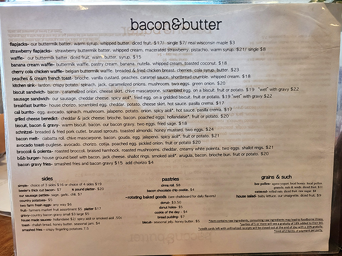 A menu that reads like poetry for the perpetually hungry. Each line promises a different path to breakfast bliss—choose your adventure wisely.