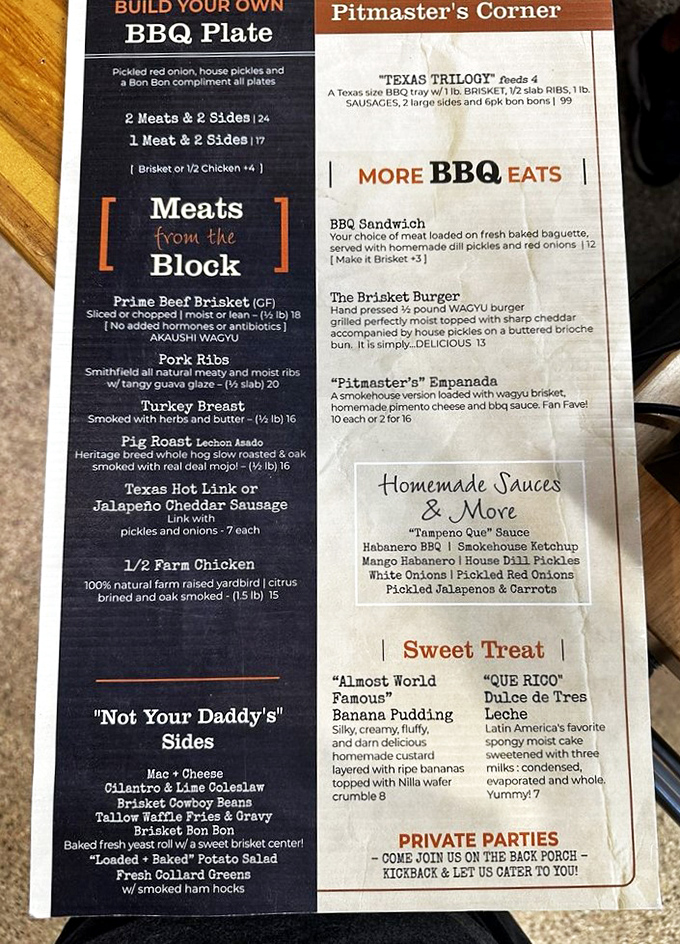 This menu isn't just a list—it's a roadmap to happiness. The "Texas Trilogy" isn't a Western film, it's your ticket to meat nirvana.