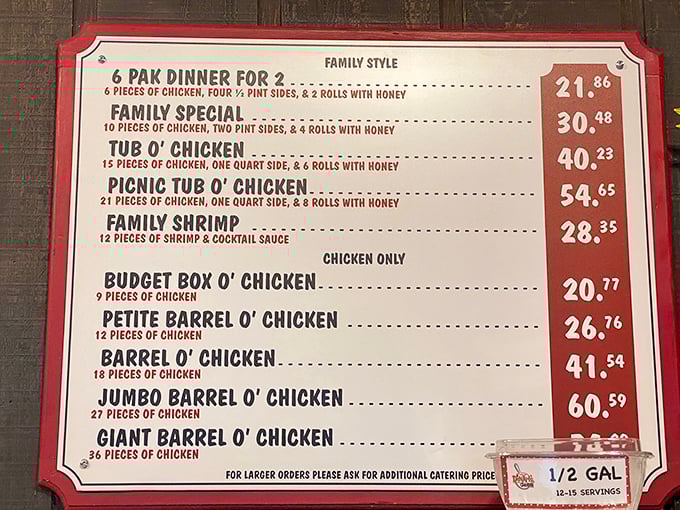 The menu reads like poetry for the hungry soul. "Tub O' Chicken" isn't just a meal—it's a commitment to happiness.