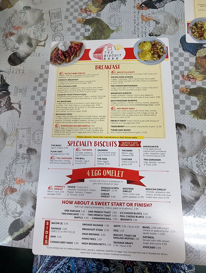 This menu isn't just a list of options—it's a roadmap to happiness. The "Specialty Biscuits" section alone deserves its own ZIP code.