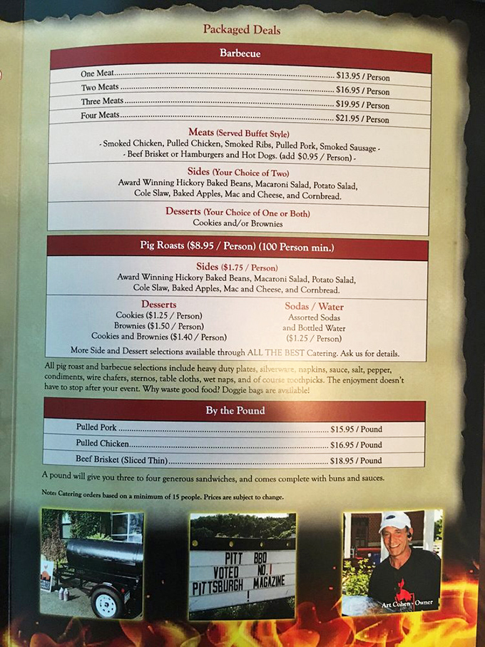 The menu reads like a love letter to smoked meats. Notice they offer pig roasts—for when feeding a small army is your goal.
