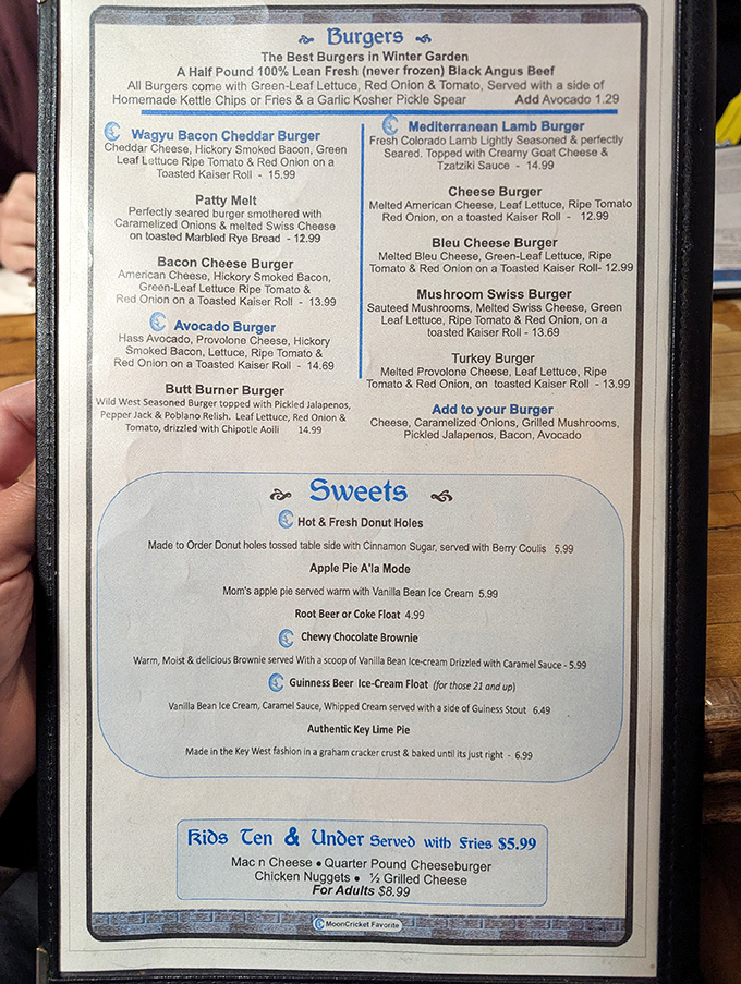A menu that reads like a love letter to comfort food – those burgers might just make you forget you came for coffee.