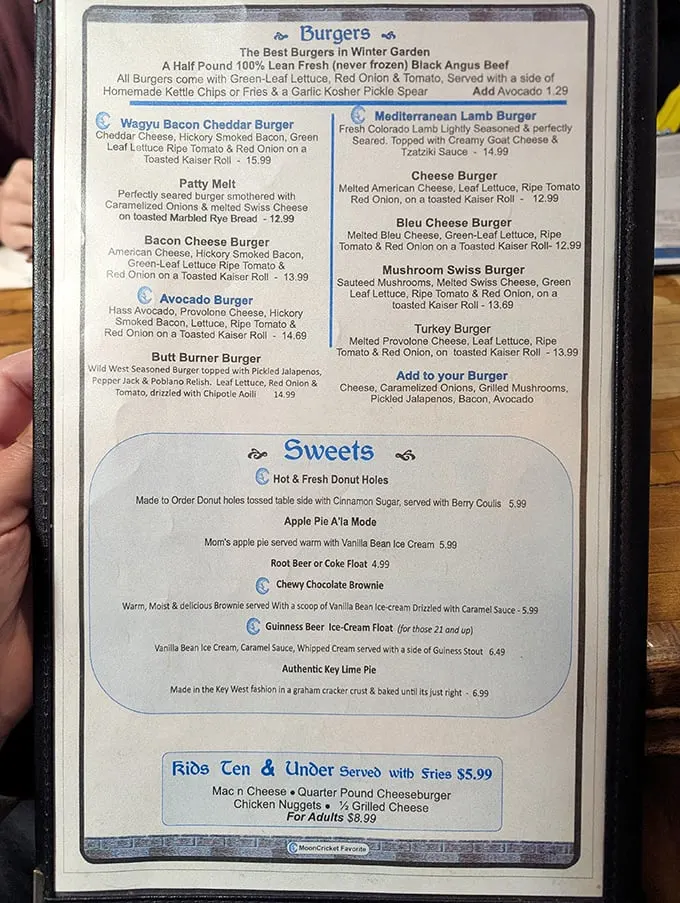 A menu that reads like a love letter to comfort food – those burgers might just make you forget you came for coffee.