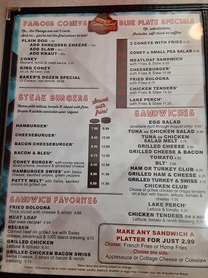 This menu isn't just a list of food—it's a roadmap to happiness. The "Baker's Dozen Special" isn't for the faint of heart (or small of stomach).