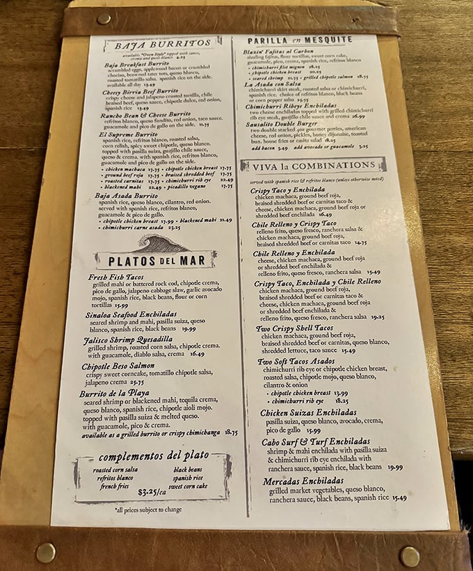 This menu isn't just a list of food—it's a roadmap to happiness. The Sandbar Double Burger awaits halfway down, like buried treasure.