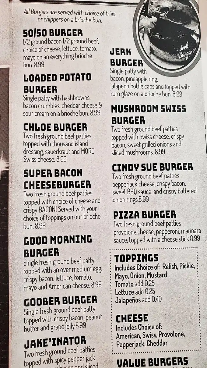 A menu that reads like a love letter to American comfort food. The Goober Burger alone is worth the drive to Somerset.