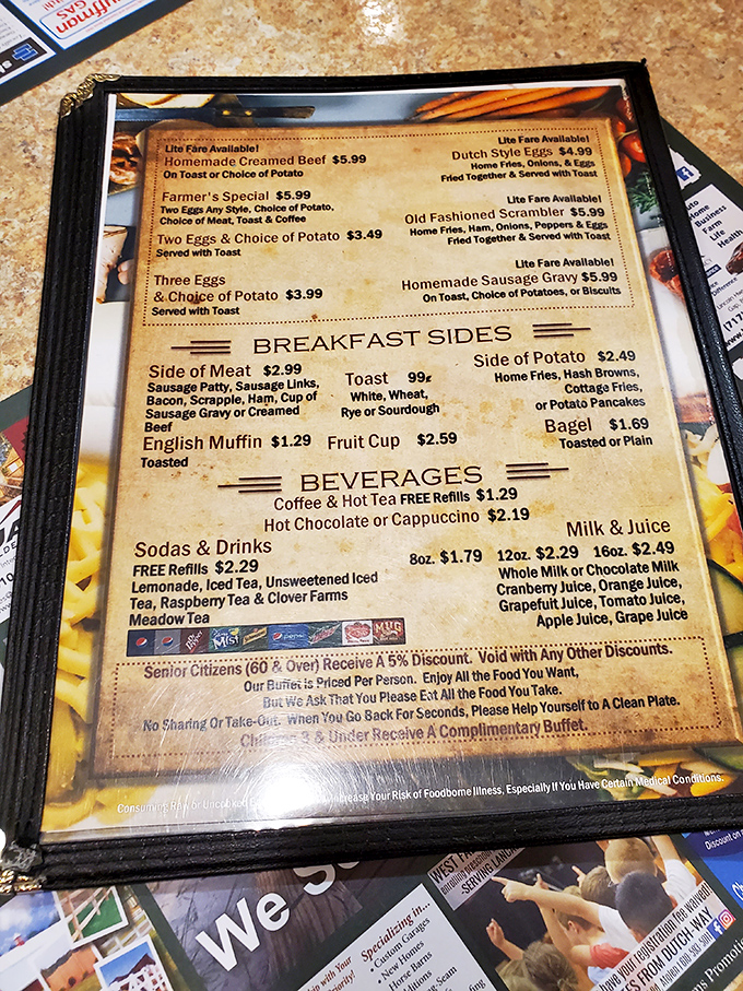 A menu that reads like a love letter to breakfast classics. Notice the free coffee refills—a small kindness that speaks volumes about Pennsylvania hospitality.