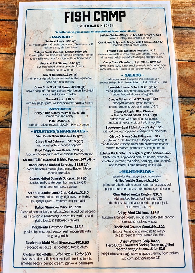 A menu that reads like poetry to seafood lovers. Notice how they don't waste precious space on boring food—this is a serious commitment to oceanic delights.