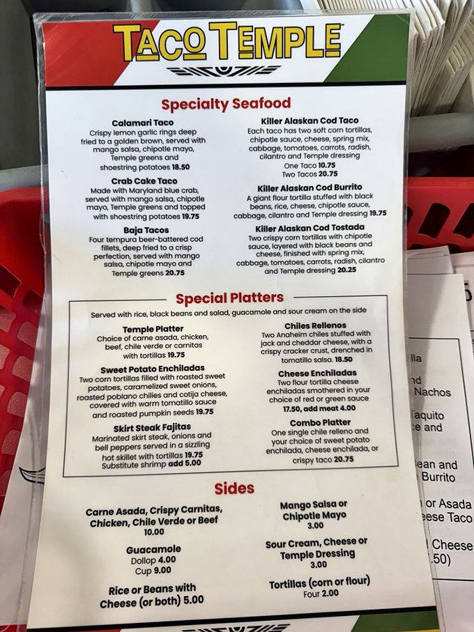 This menu isn't just a list of food—it's a roadmap to happiness. The Killer Alaskan Cod Taco beckons like a siren song.