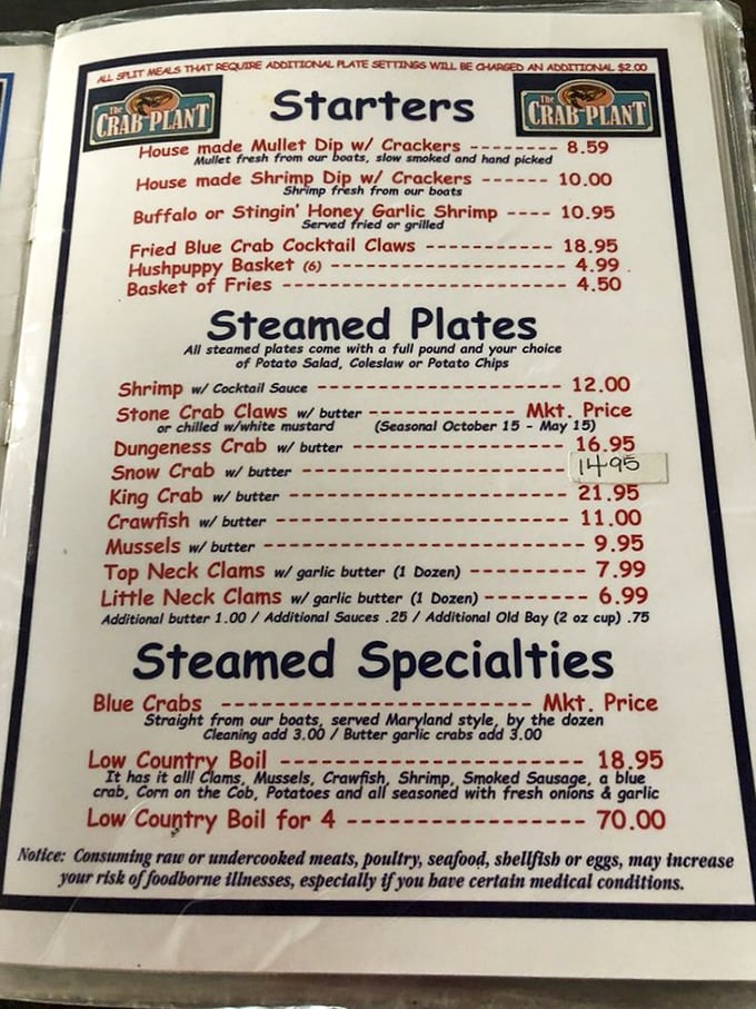 This menu isn't just a list – it's a maritime love letter. Stone crab claws and Low Country Boil beckon like sirens to hungry sailors.