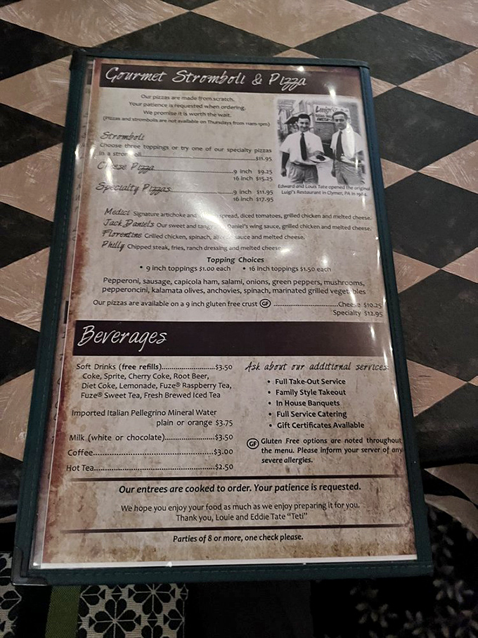 The menu tells stories between its lines—notice the "patience is requested" note, the universal signal that real cooking happens here.