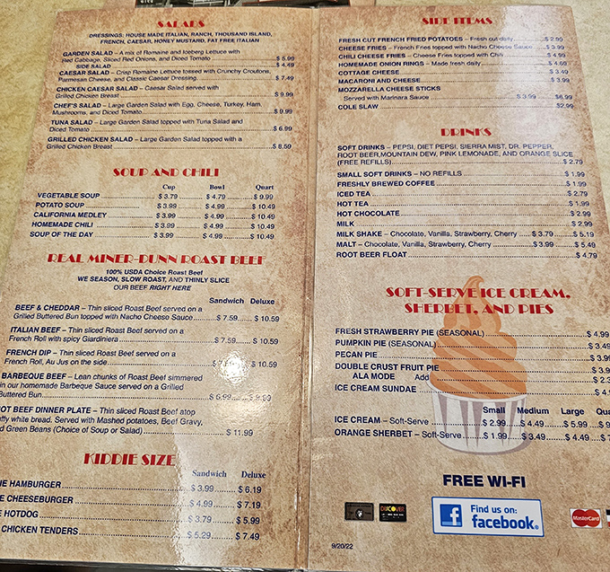 This menu isn't just a list of food—it's a historical document preserving the art of American diner cuisine in all its unpretentious glory.