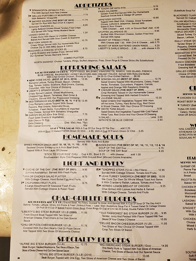 A menu that requires both hands and serious decision-making skills. The "Stick To Your Ribs" chili isn't just a meal—it's a commitment.