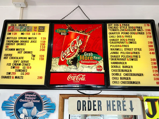 The menu board tells a story of Chicago food traditions preserved in amber. No avocado toast here, just timeless classics that have satisfied cravings for decades.
