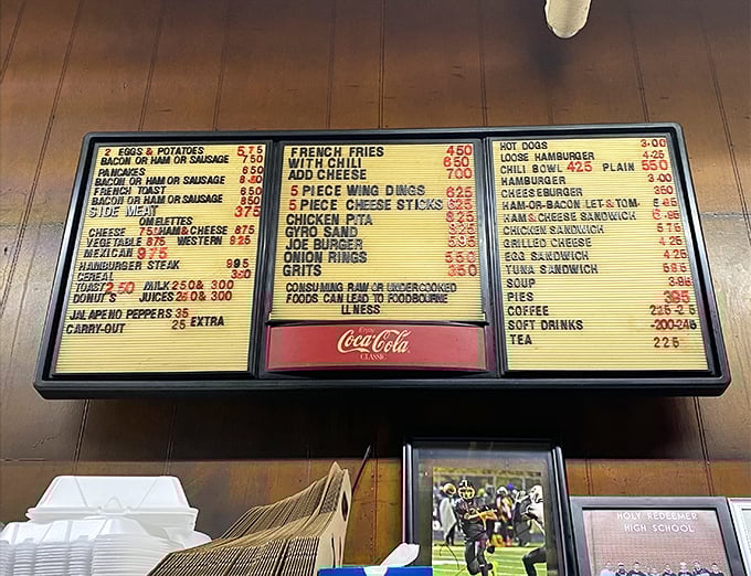 No fancy digital displays here! This classic menu board tells you everything you need to know—simple food done right, at prices that won't break the bank.