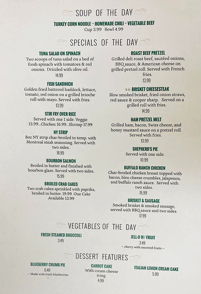 A menu that reads like comfort food poetry—where "specials of the day" aren't just marketing, they're legitimate reasons to cancel your other plans.
