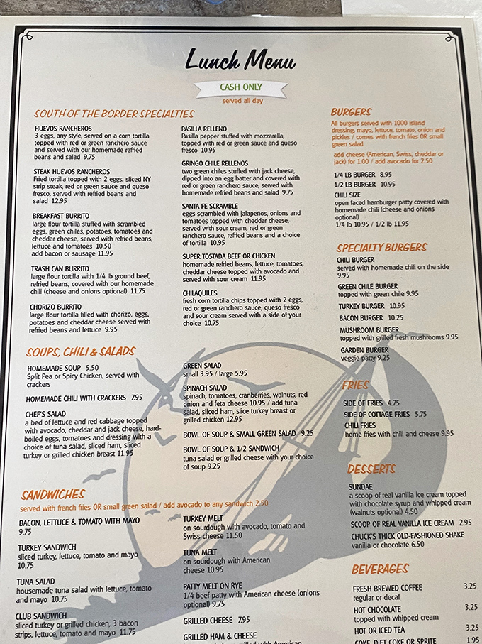 This menu reads like a love letter to comfort food, with South of the Border specialties sharing space with classic diner fare that never goes out of style.