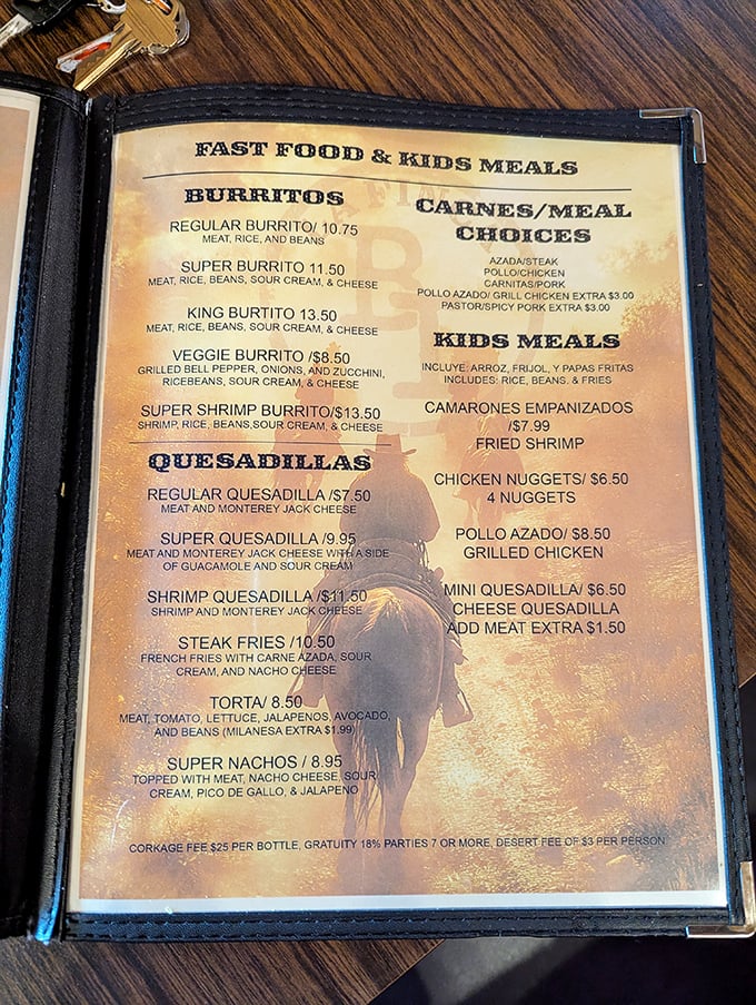 The menu reveals La Finca's Mexican food offerings – from king burritos to shrimp quesadillas – proving this steakhouse has range beyond beef.