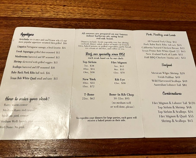 This isn't just a menu—it's a roadmap to carnivore heaven, where "House specialty since 1952" tells you everything you need to know.