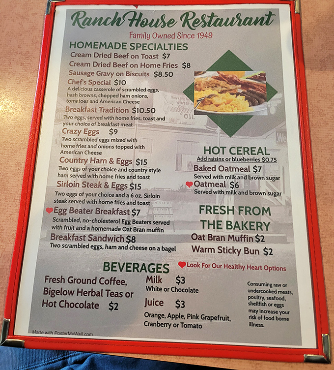 This menu isn't trying to impress food critics—it's aiming straight for your heart with classics like Cream Dried Beef and Sausage Gravy on Biscuits.