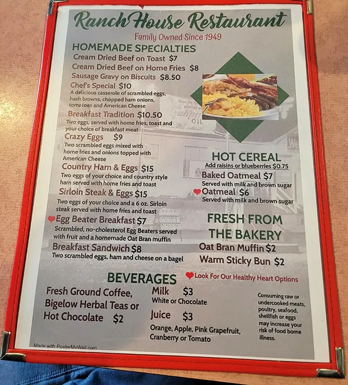 This menu isn't trying to impress food critics—it's aiming straight for your heart with classics like Cream Dried Beef and Sausage Gravy on Biscuits.