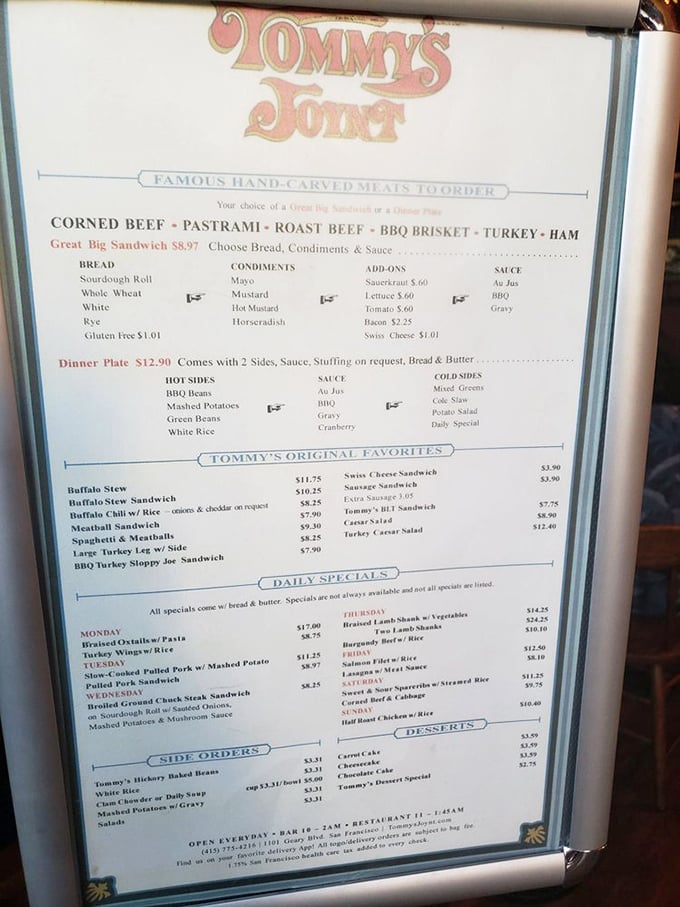 The menu at Tommy's Joynt is refreshingly straightforward—no deconstructed anything, just honest food that your stomach will thank you for later.