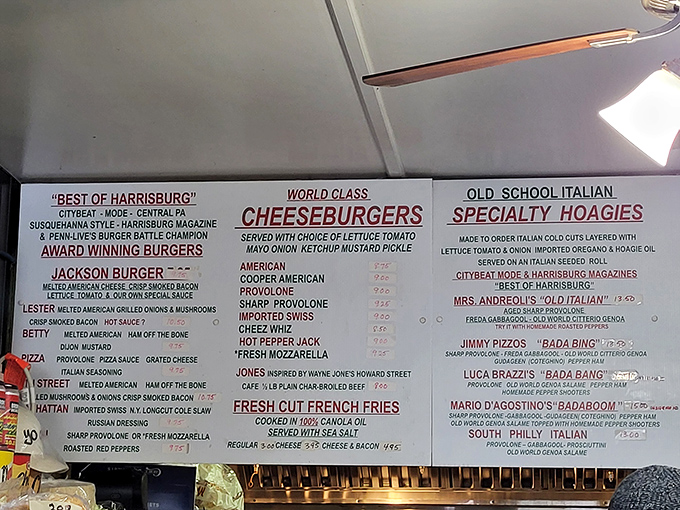 The menu board tells a story of sandwich perfection – no fancy fonts or pretentious descriptions, just straightforward deliciousness waiting to be ordered.