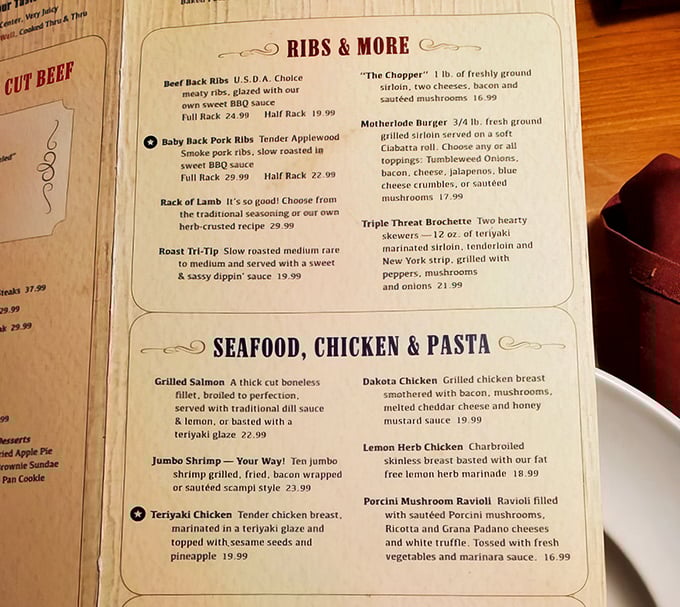 A menu that doesn't mince words—just meat. The "Ribs & More" section is where dreams are made and diets go to die.