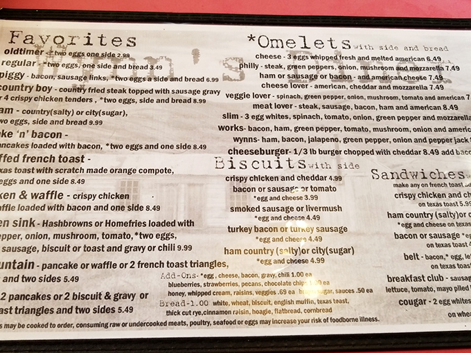 A menu that tells you everything you need to know without pretentious descriptions. The "Favorites" section isn't marketing—it's a public service announcement.