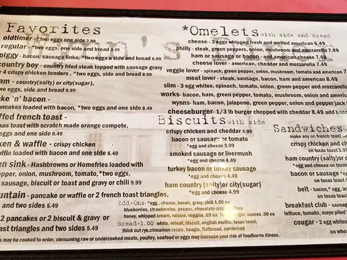 A menu that tells you everything you need to know without pretentious descriptions. The "Favorites" section isn't marketing—it's a public service announcement.