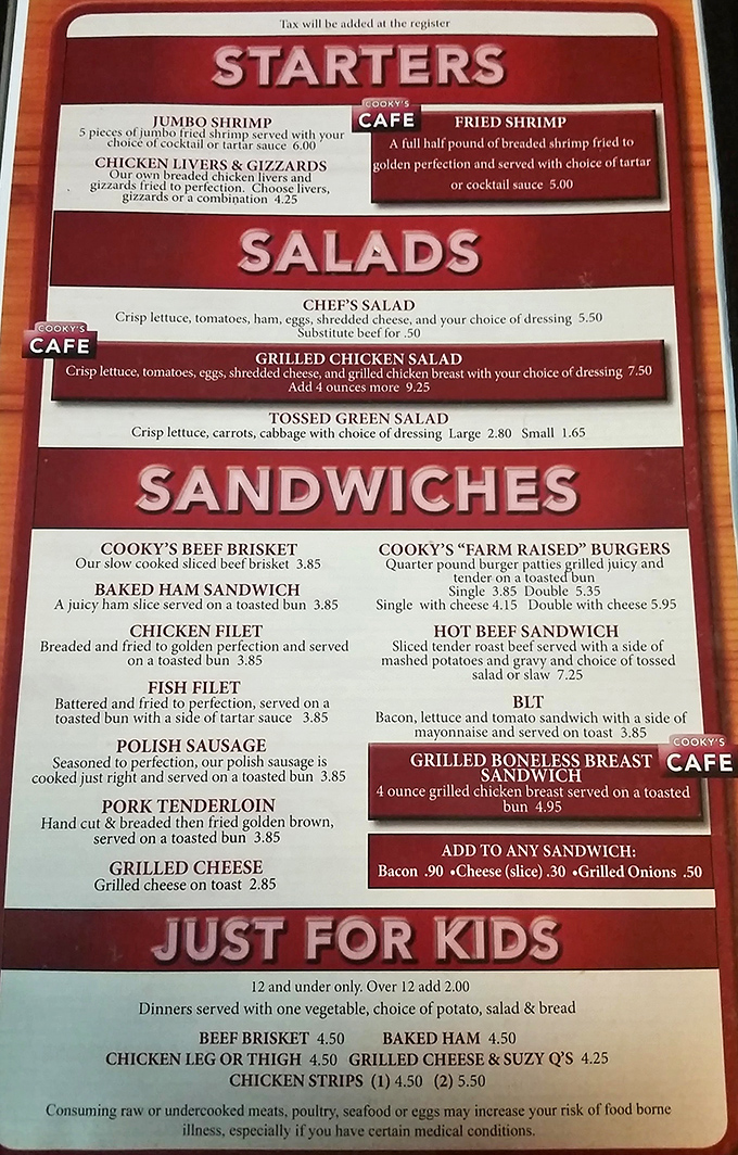 No fancy fonts or pretentious descriptions here—just honest Midwestern fare that promises satisfaction without needing a translator to order.