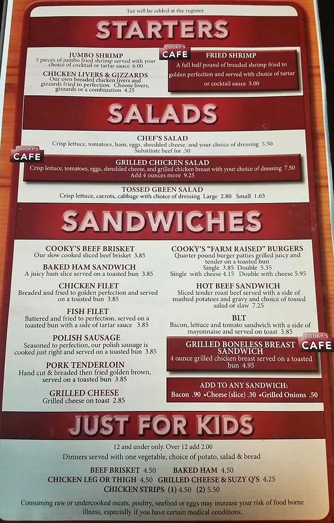 No fancy fonts or pretentious descriptions here—just honest Midwestern fare that promises satisfaction without needing a translator to order.
