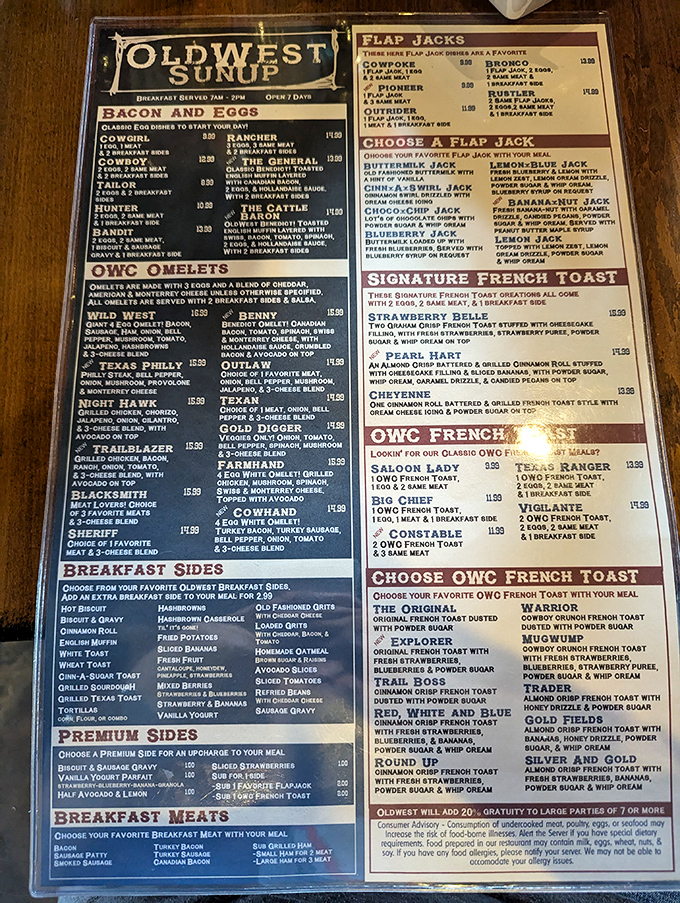 The menu reads like a love letter to breakfast enthusiasts—each section promising comfort food with names that would make John Wayne proud.