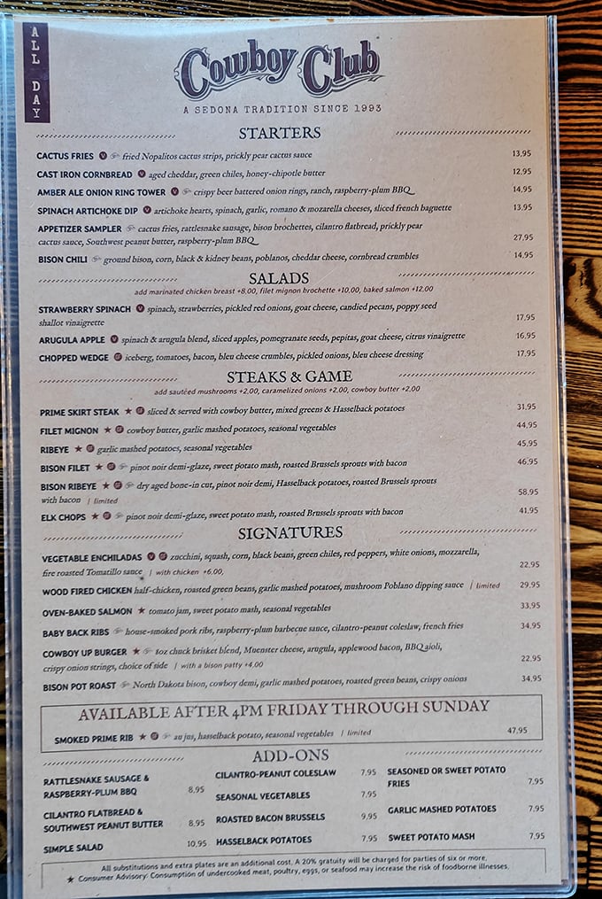 A menu that reads like a Western adventure novel – from cactus fries to bison ribeye, each dish tells a story of the Southwest.