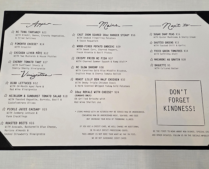 This isn't just a menu—it's a love letter to North Carolina ingredients with "Don't Forget Kindness" as the perfect dessert.