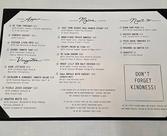 This isn't just a menu—it's a love letter to North Carolina ingredients with "Don't Forget Kindness" as the perfect dessert.